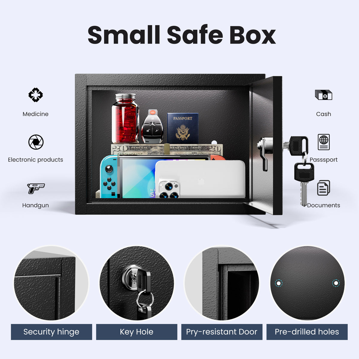 Small Safe Box (0.22 cu. ft.) – Mini Lockbox with Key Lock for Money ...